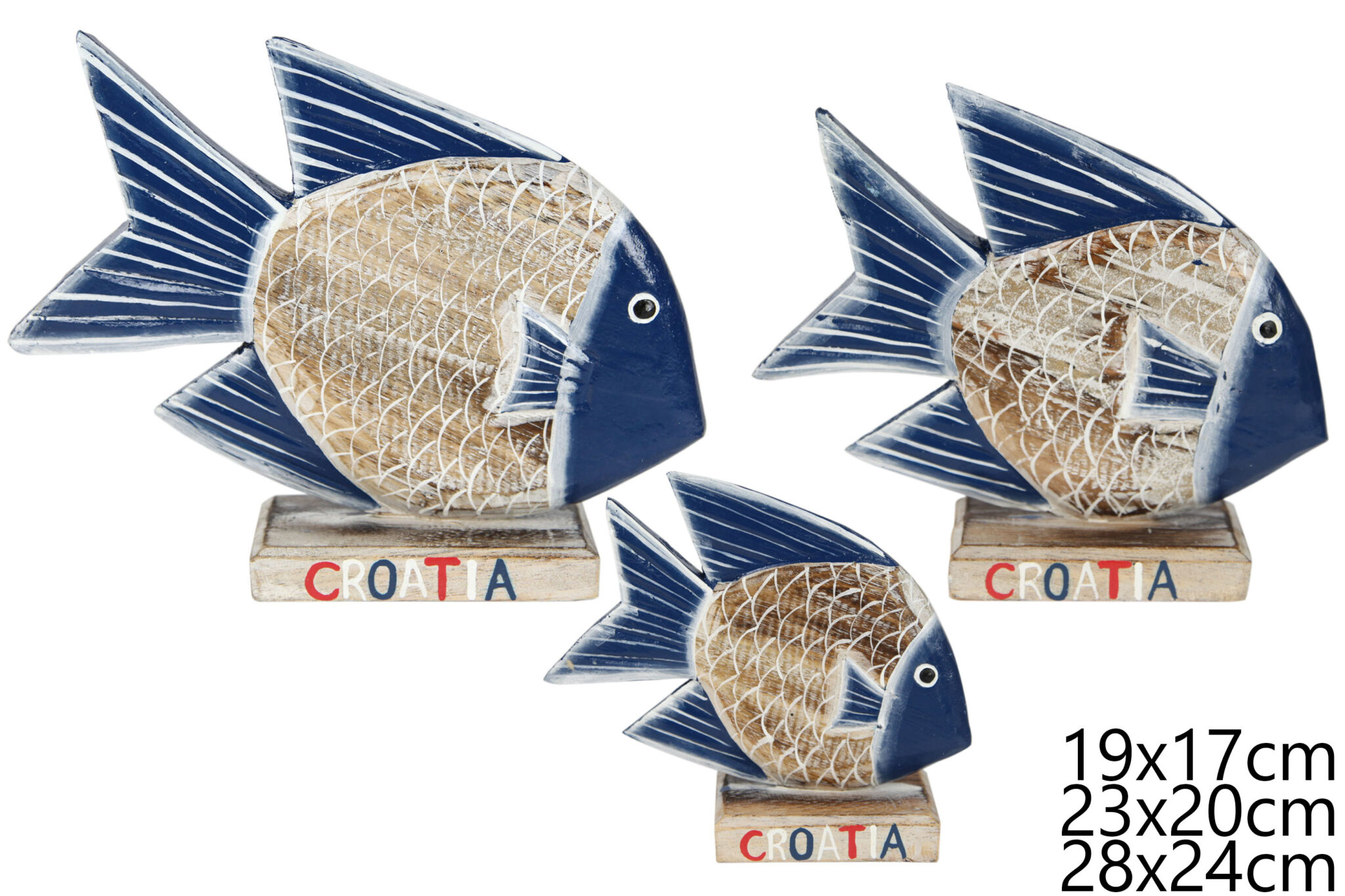Drvene ribe na postolju, Croatia, tirkizna i plava