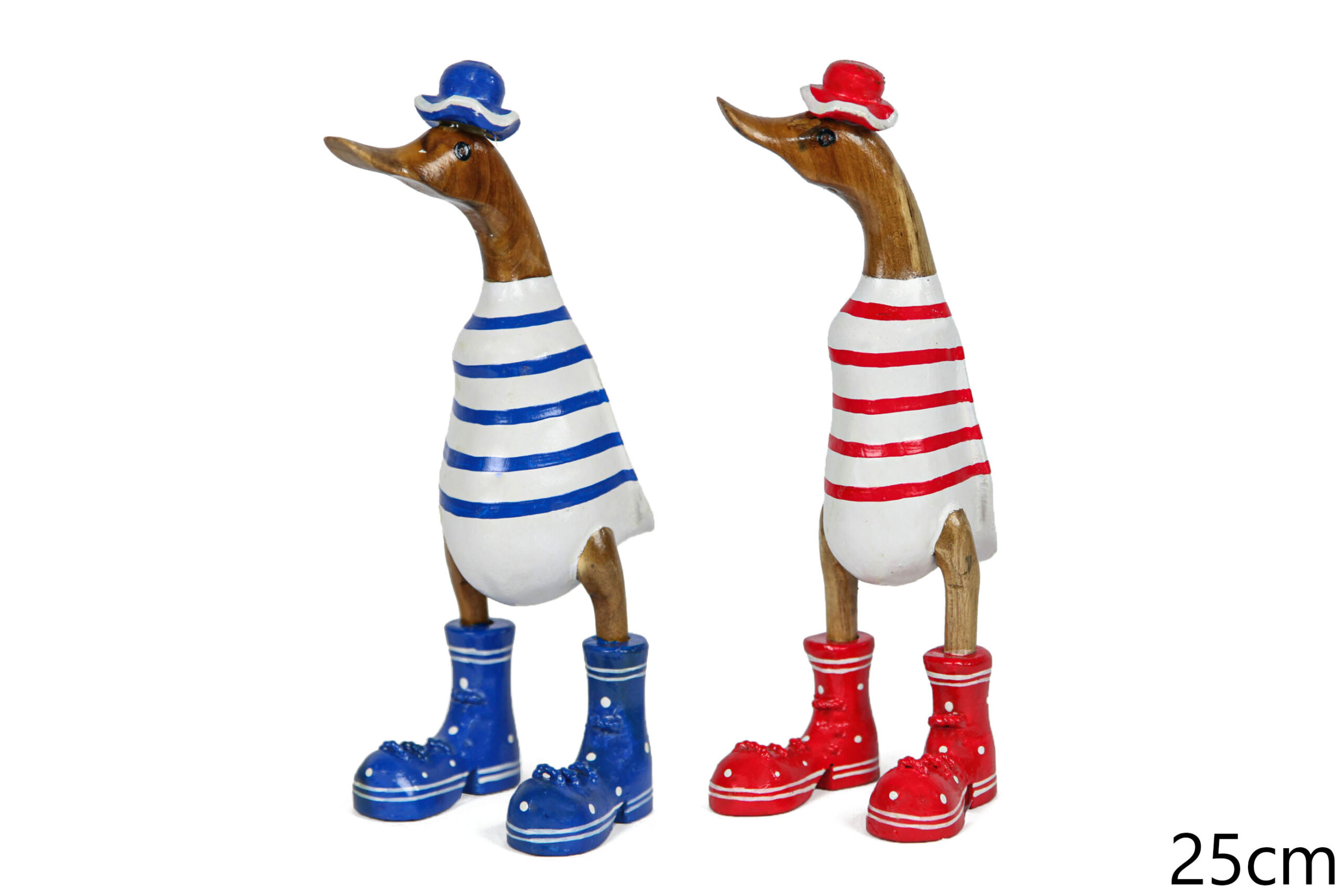 Drvene bijele patke s prugicama, plava i crvena